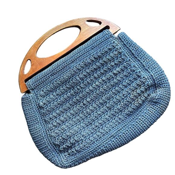Vintage America | Bags | Bermuda Bag Retro Wood Handles Crochet Blue ...